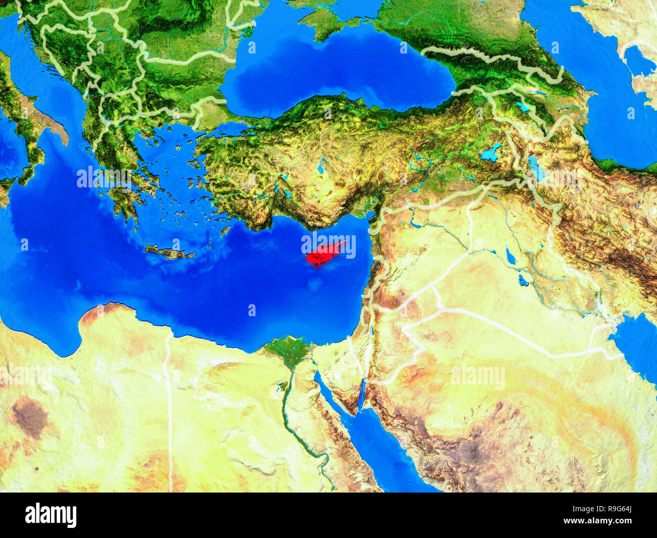 Cyprus from space on model of planet Earth with country borders and ...