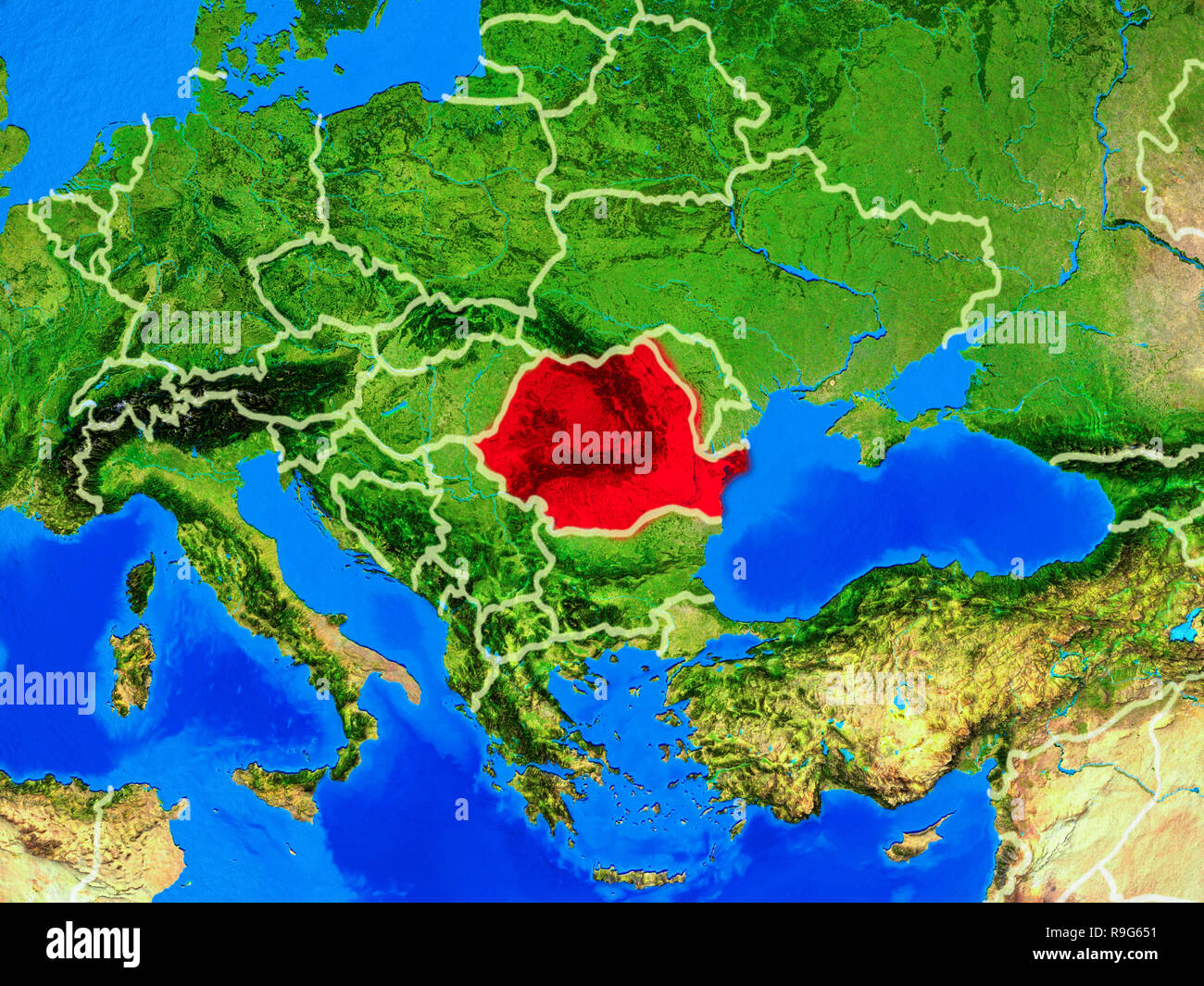 Romania from space on model of planet Earth with country borders and ...
