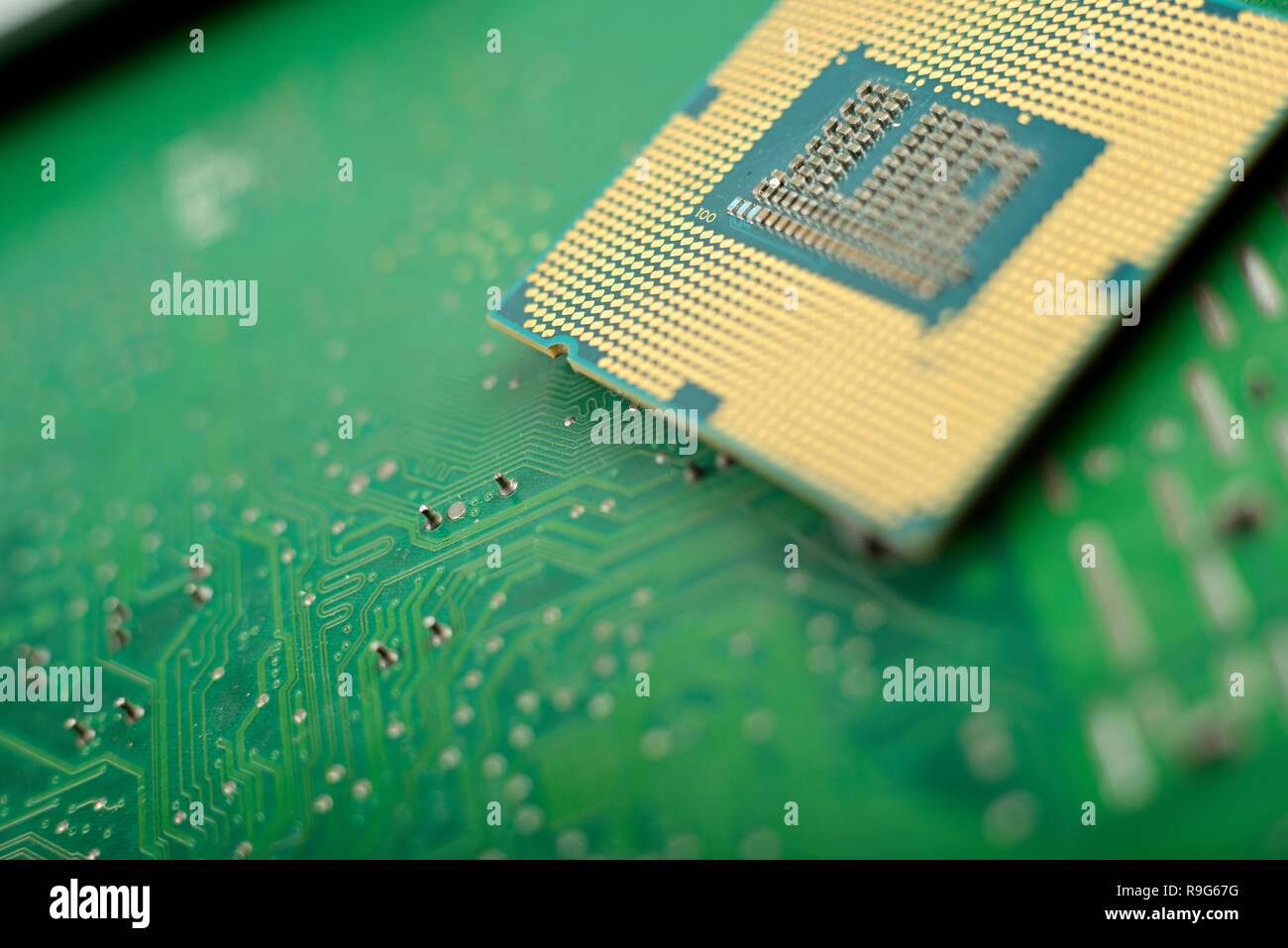 Close-up of computer processor on micro circuit electric motherboard ...