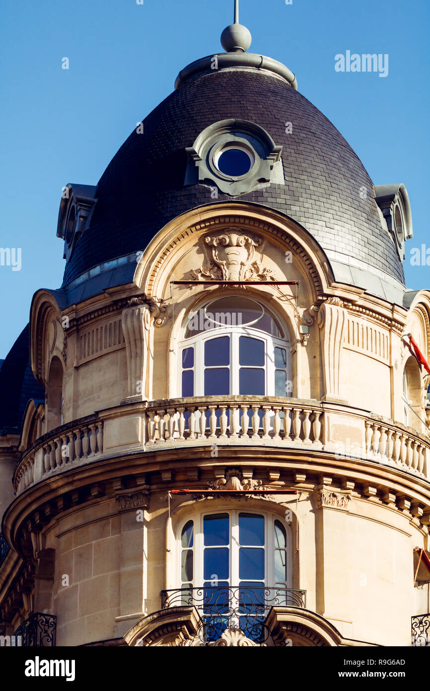 View from below on a facade European building with balconies in Paris ...