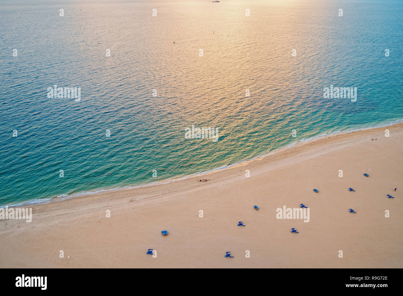 Sea beach, aerial view. Sand beach and blue sea water seen from above ...