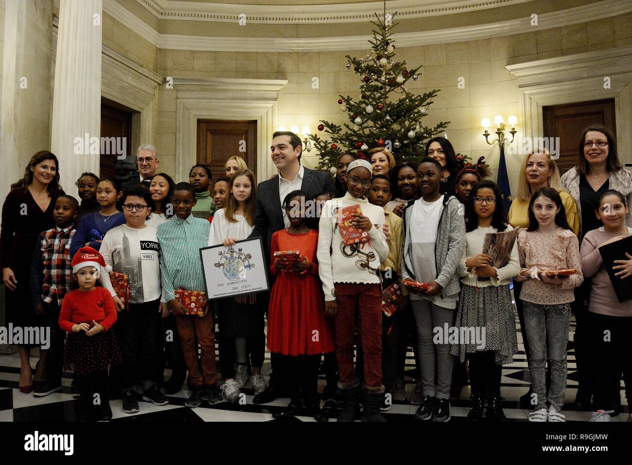 Greek Prime Minister, Alexis Tsipras, photographed with students of ...