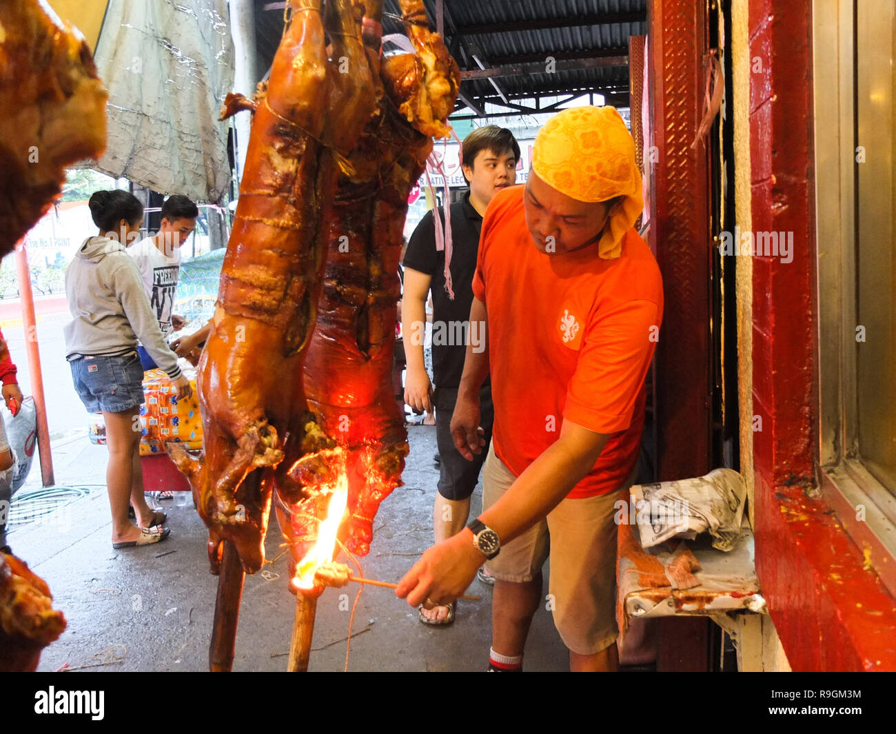 A lechon worker, lit a fire to remove excess pig's fur of the lechon ...