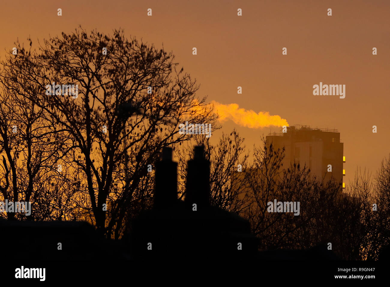 London, UK. 25th Dec, 2018. Silhouette of trees and rooftops and steam ...