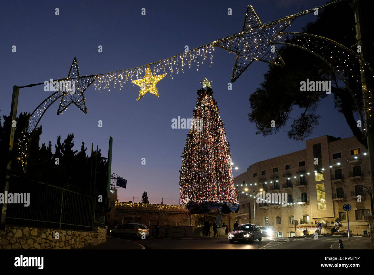 A fully decorated Christmas tree displayed at the entrance to the city ...