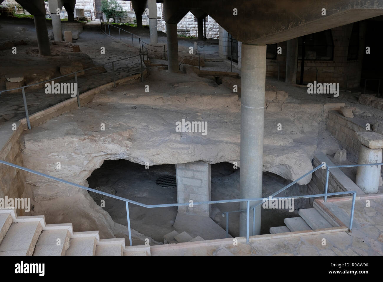 Ruins of the ancient village of Nazareth at the courtyard of the Church ...