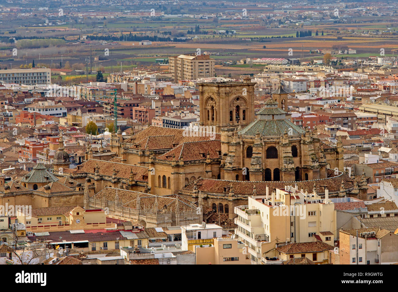 Aerial view of Granada cathedral and surrounding buildings and farm ...