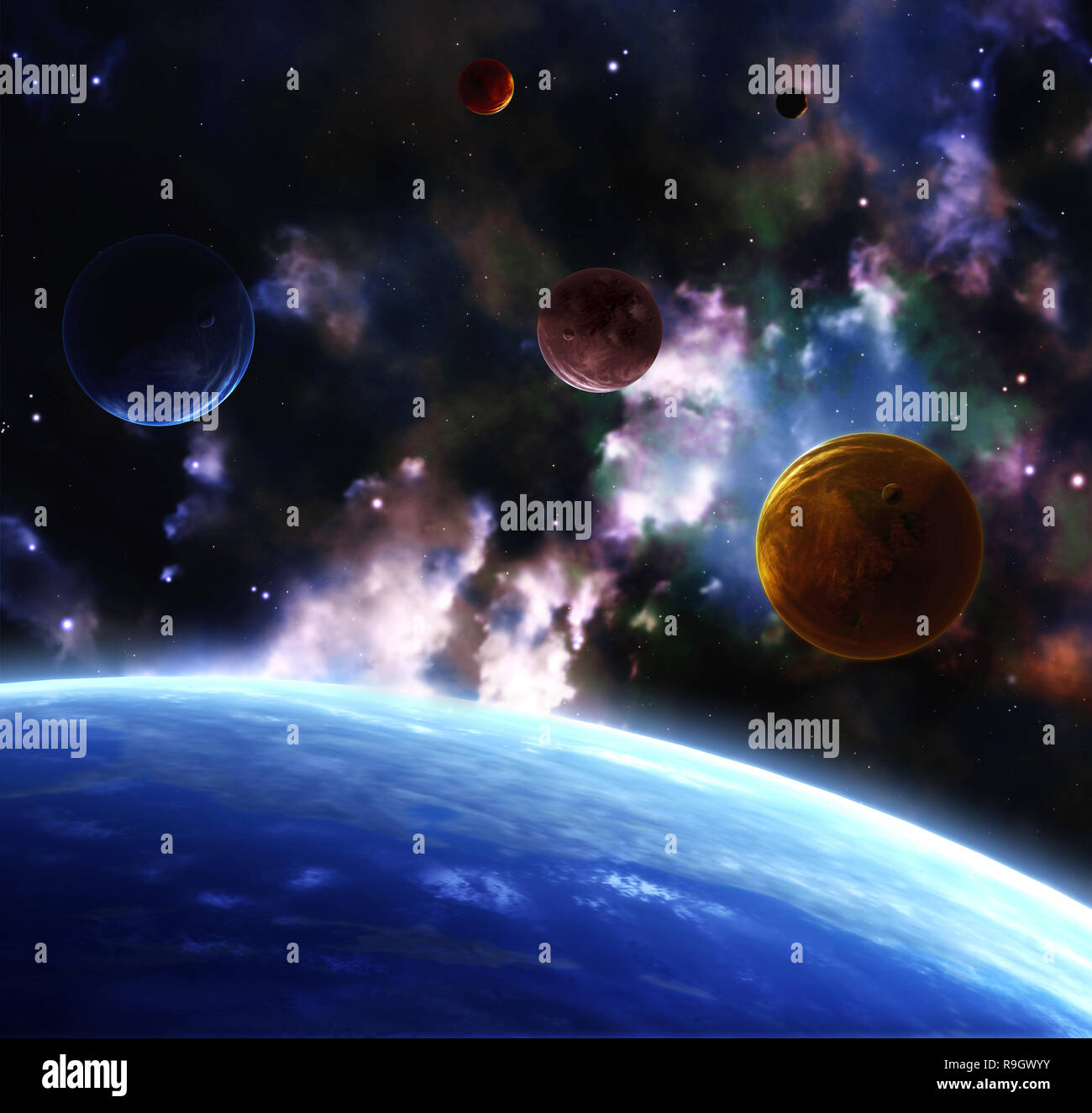 A beautiful space scene with planets and nebula Stock Photo - Alamy