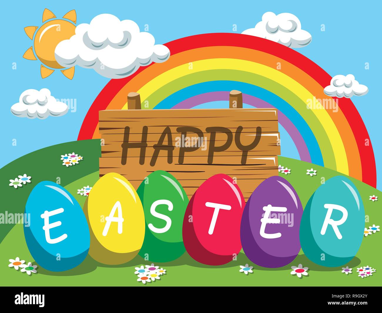Happy Easter background featuring multicolored easter eggs outdoor ...