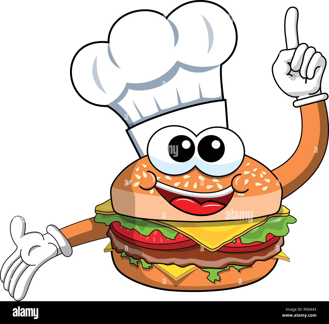 Excited Cartoon hamburger character cook hands finger up isolated on ...