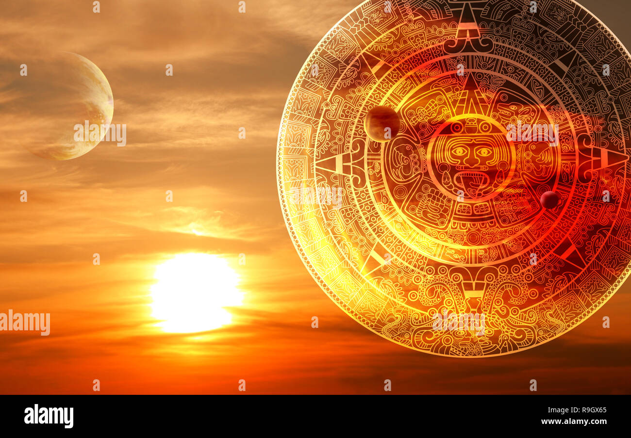Fantasy sunset and Maya calendar Stock Photo - Alamy