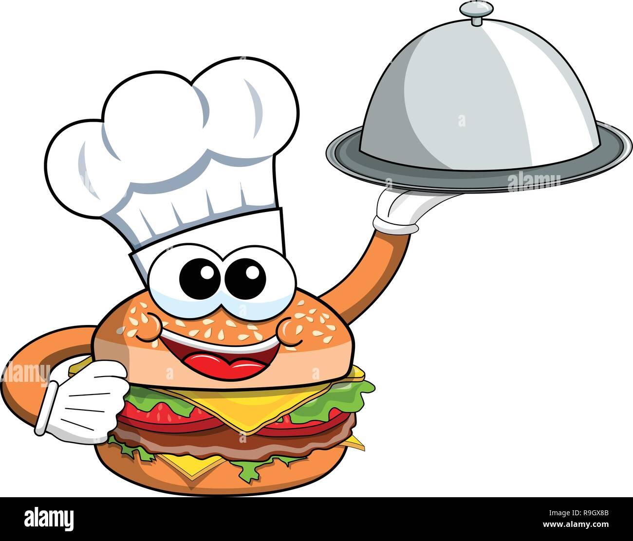 Cartoon hamburger character cook serving silver tray isolated on white ...