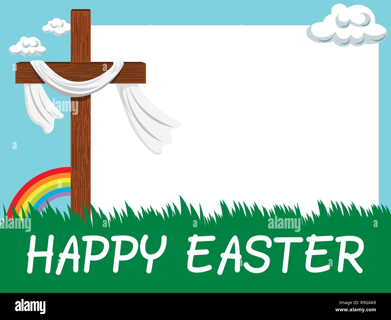 Happy Easter horizontal blank frame with Christian cross in the meadow ...