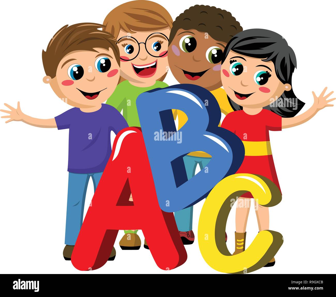 Multicultural school kids or children surrounding abc letters isolated ...