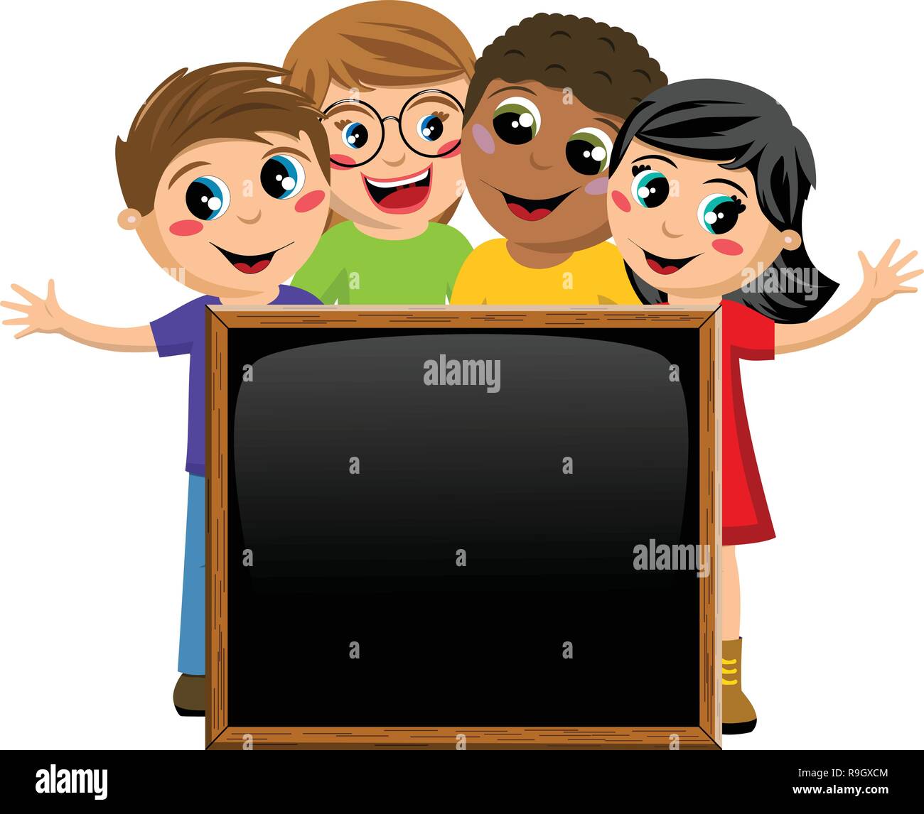 multicultural kids or children behind blank blackboard or chalkboard ...