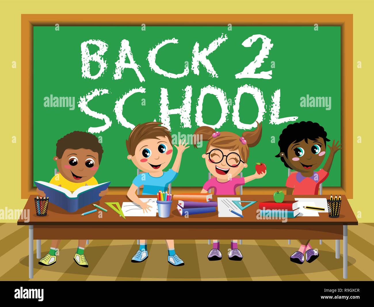 Back to School on blackboard Happy kids children classroom Stock Vector ...