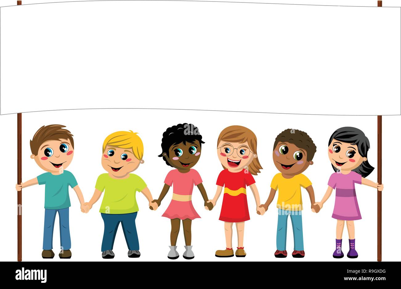 Kids Holding Banner Cute Kids Boys And Girls Standing Behind Blank