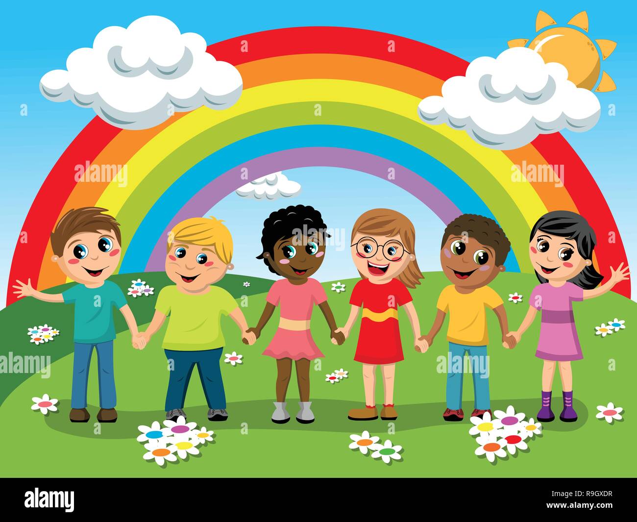 Multiracial Children or kids hand in hand in the meadow in front of ...