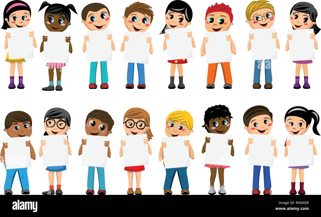 Multiracial kids or children standing and holding blank cardboard ...