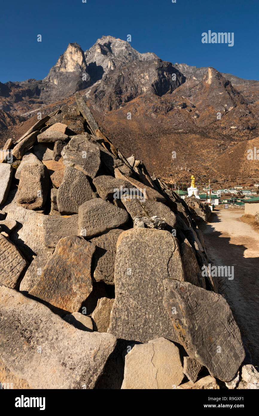 Nepal, Everest Base Camp Trek, Khumjung, traditional carved mani stones ...