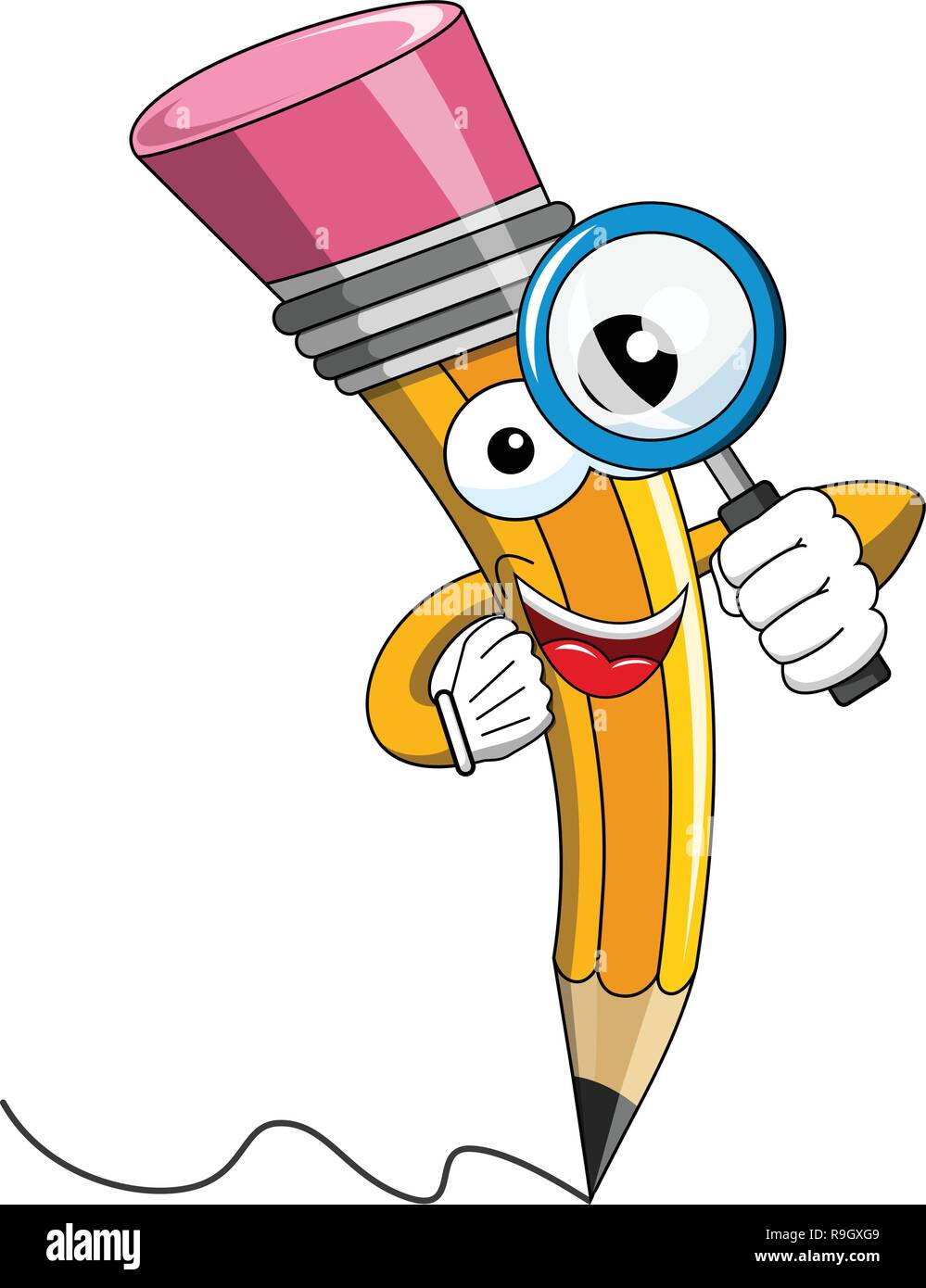 Pencil Mascot cartoon looking throughout magnifying glass isolated on ...