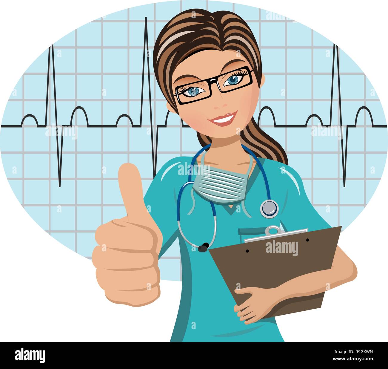 Woman doctor thumb up against ecg exam background isolated Stock Vector ...