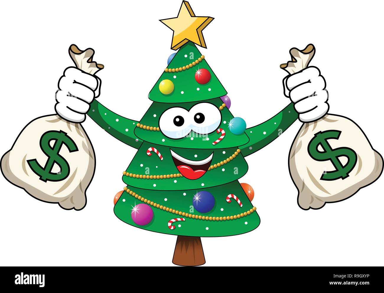 xmas christmas tree mascot character holding money dollar sacks ...