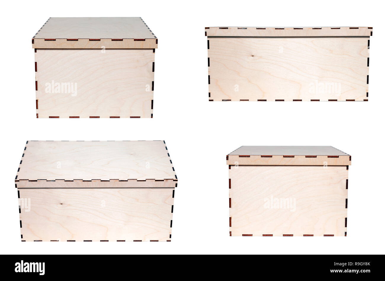 Closeup wood texture close box with lid, unpainted, view from all sides ...