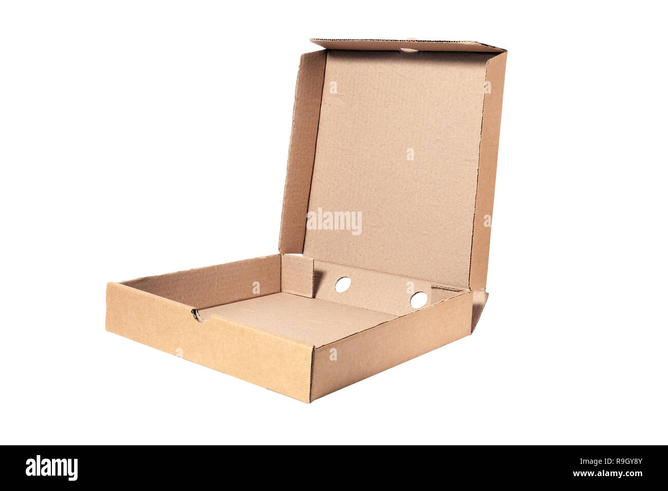Closeup of empty open cardboard beige pizza boxes. Concept order of ...