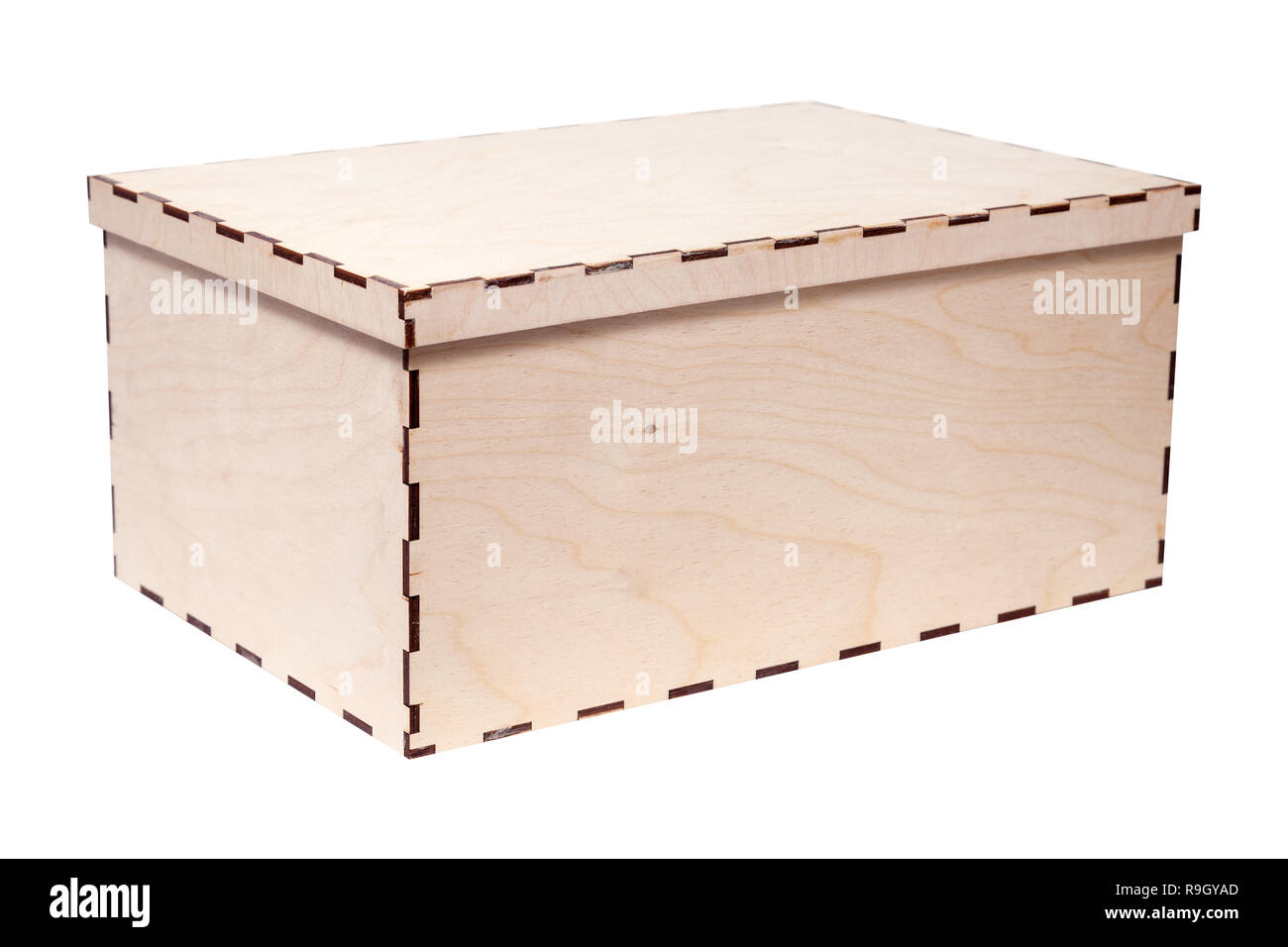 Closeup natural wood texture closed box with lid, unpainted isolated on ...