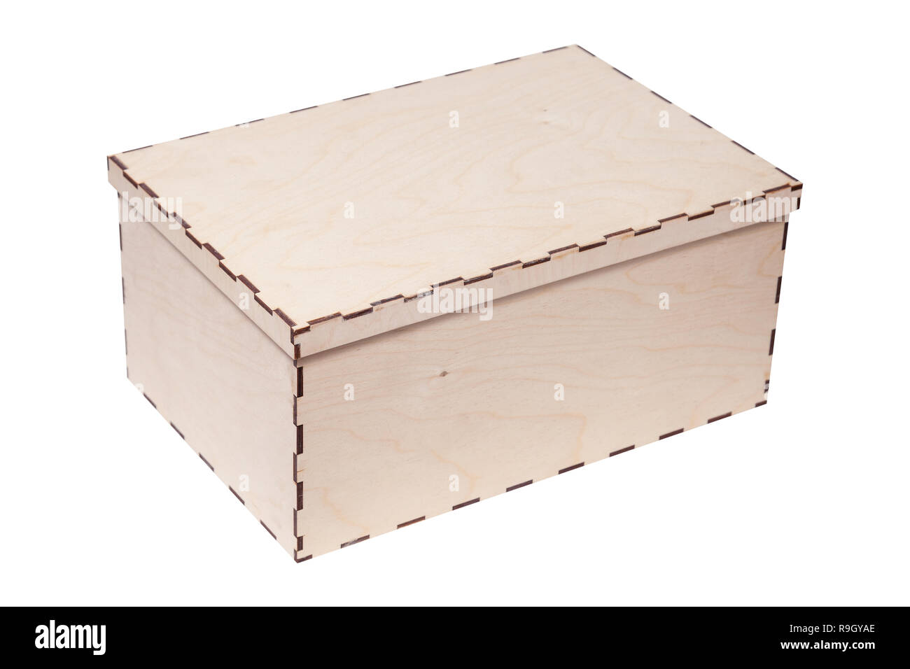 Closeup natural wood texture closed box with lid, unpainted isolated on ...