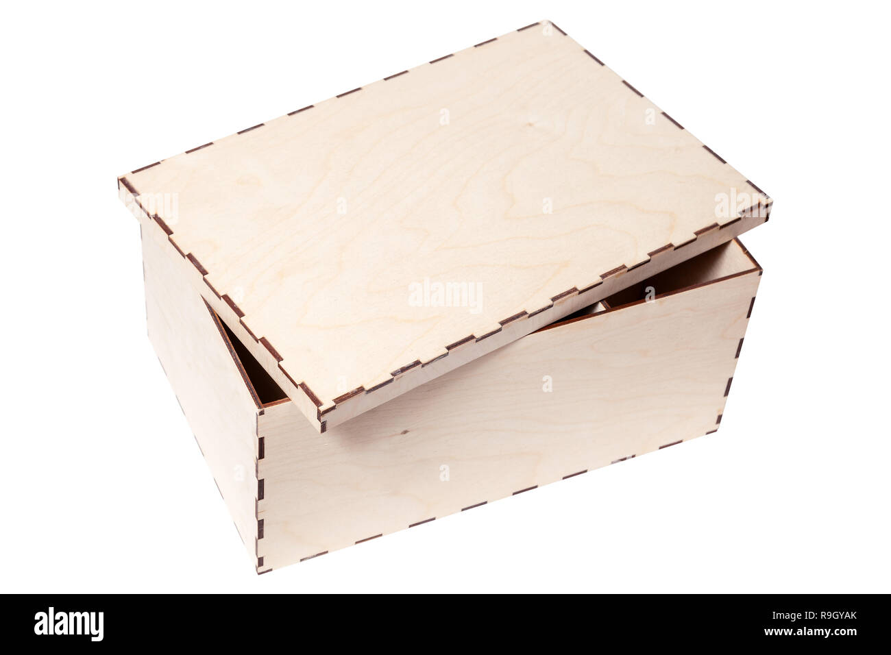 Closeup natural wood texture opened box with lid, unpainted isolated on ...