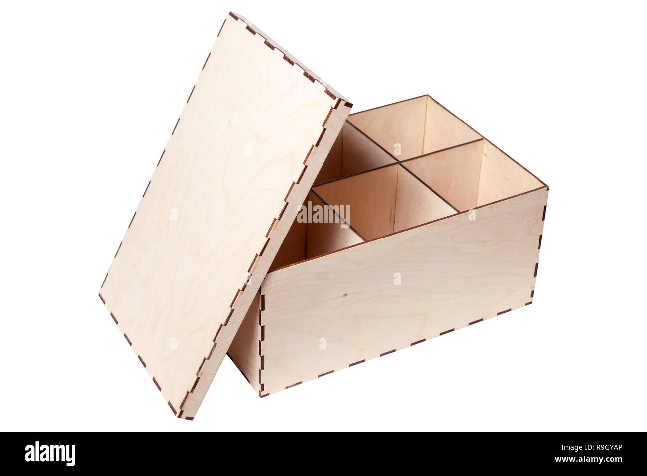 Closeup natural wood texture opened box separated on six compartment ...