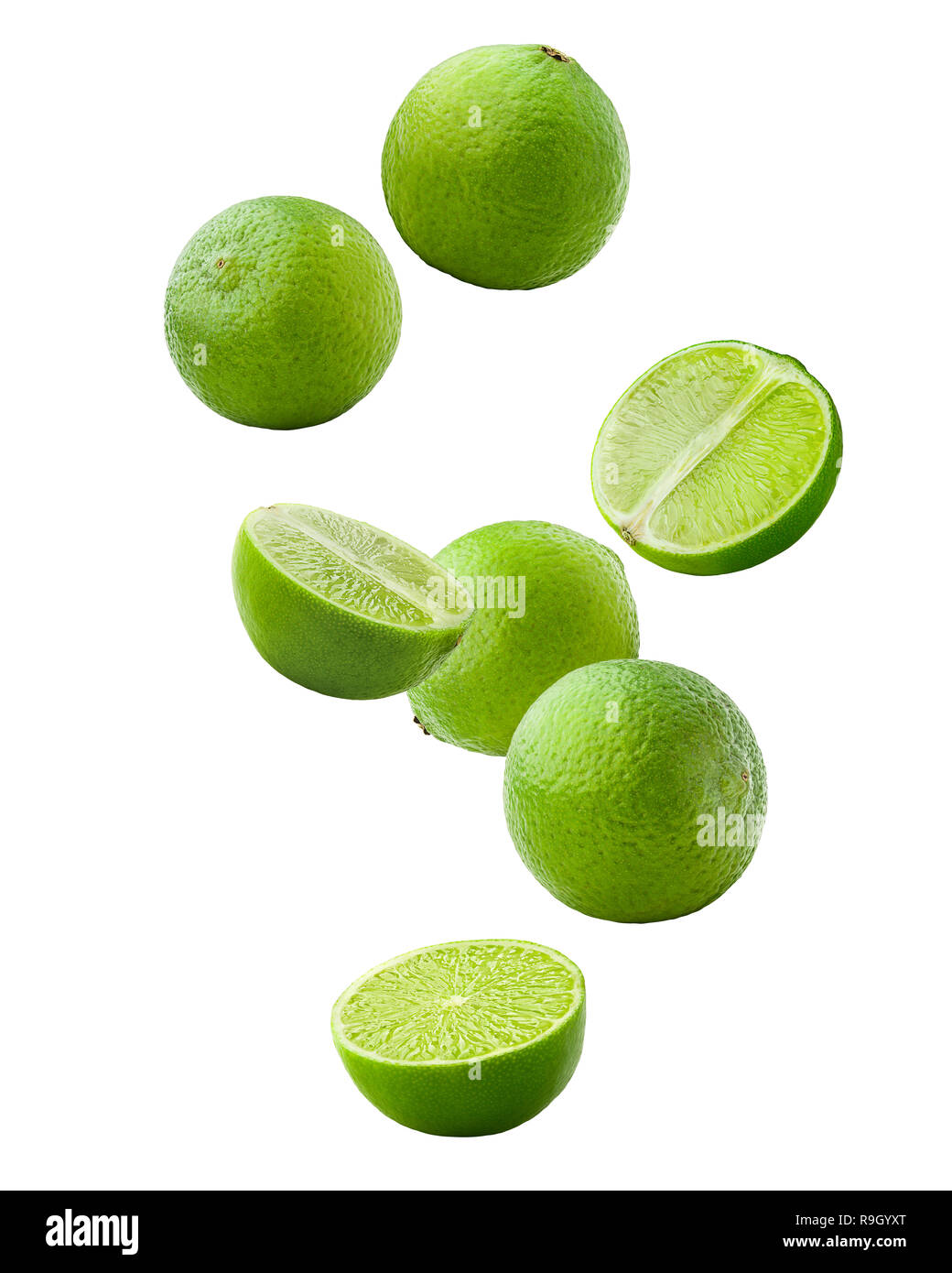 Falling lime isolated on white background, clipping path, full depth of ...