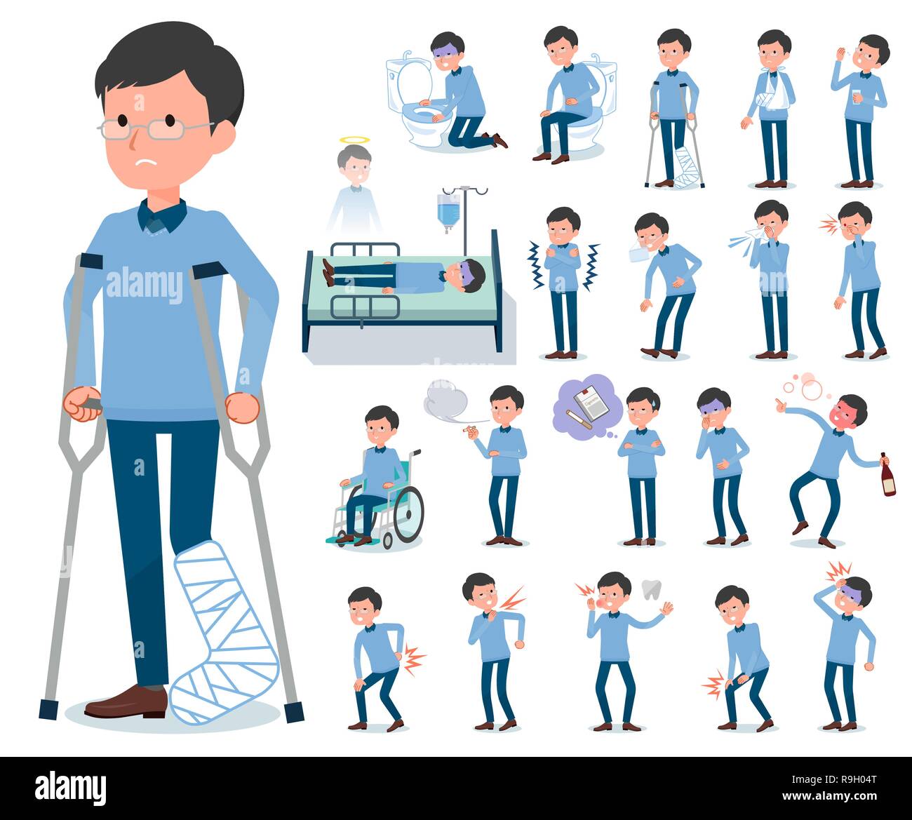 A set of man with injury and illness.There are actions that express ...