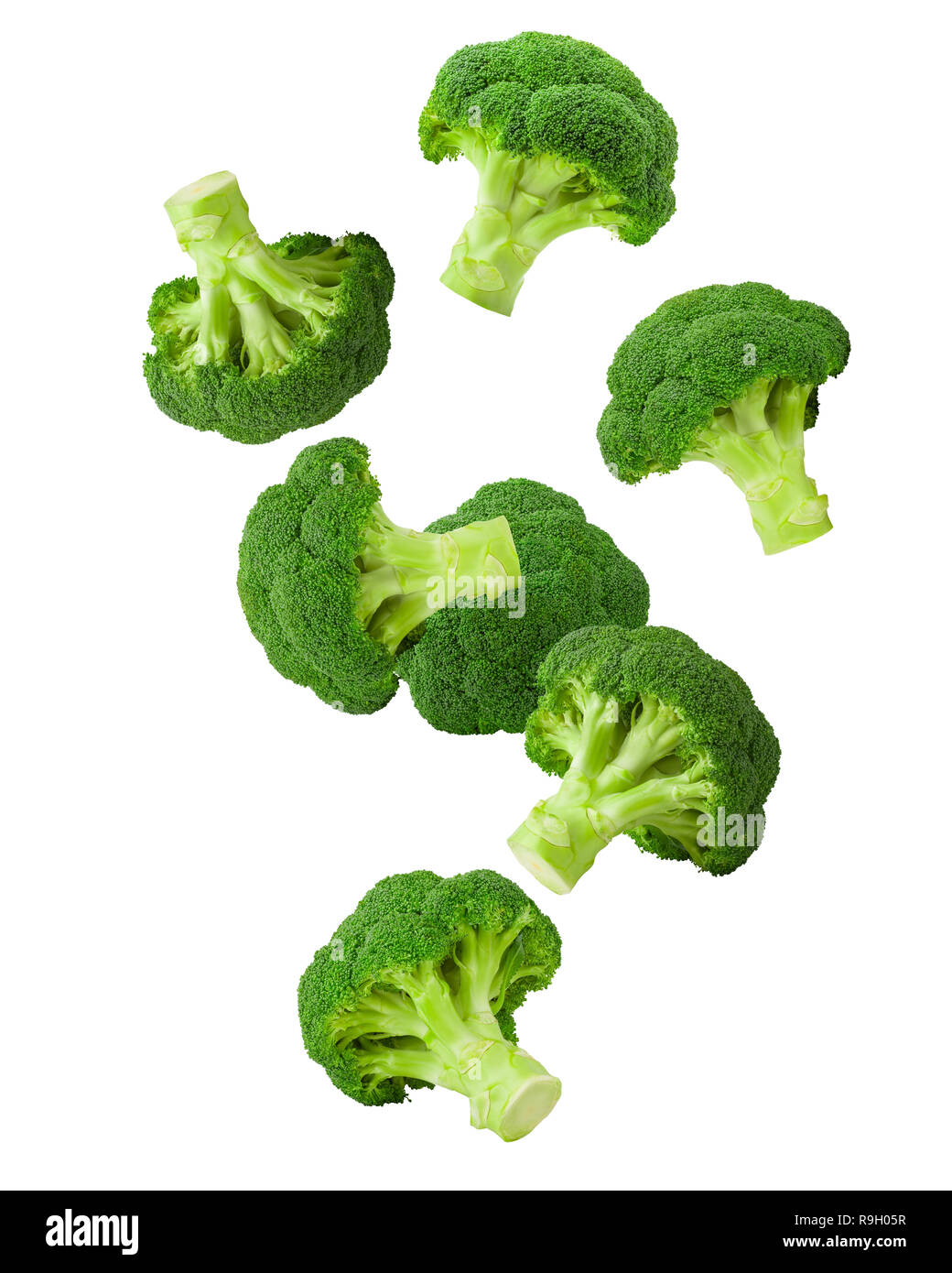 Falling broccoli, isolated on white background, clipping path, full ...