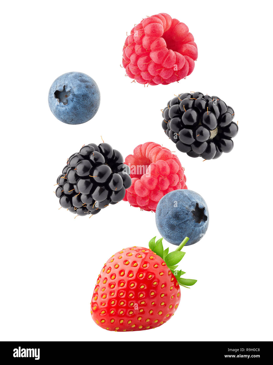 Falling wild berries mix, strawberry, raspberry, blueberry, blackberry ...