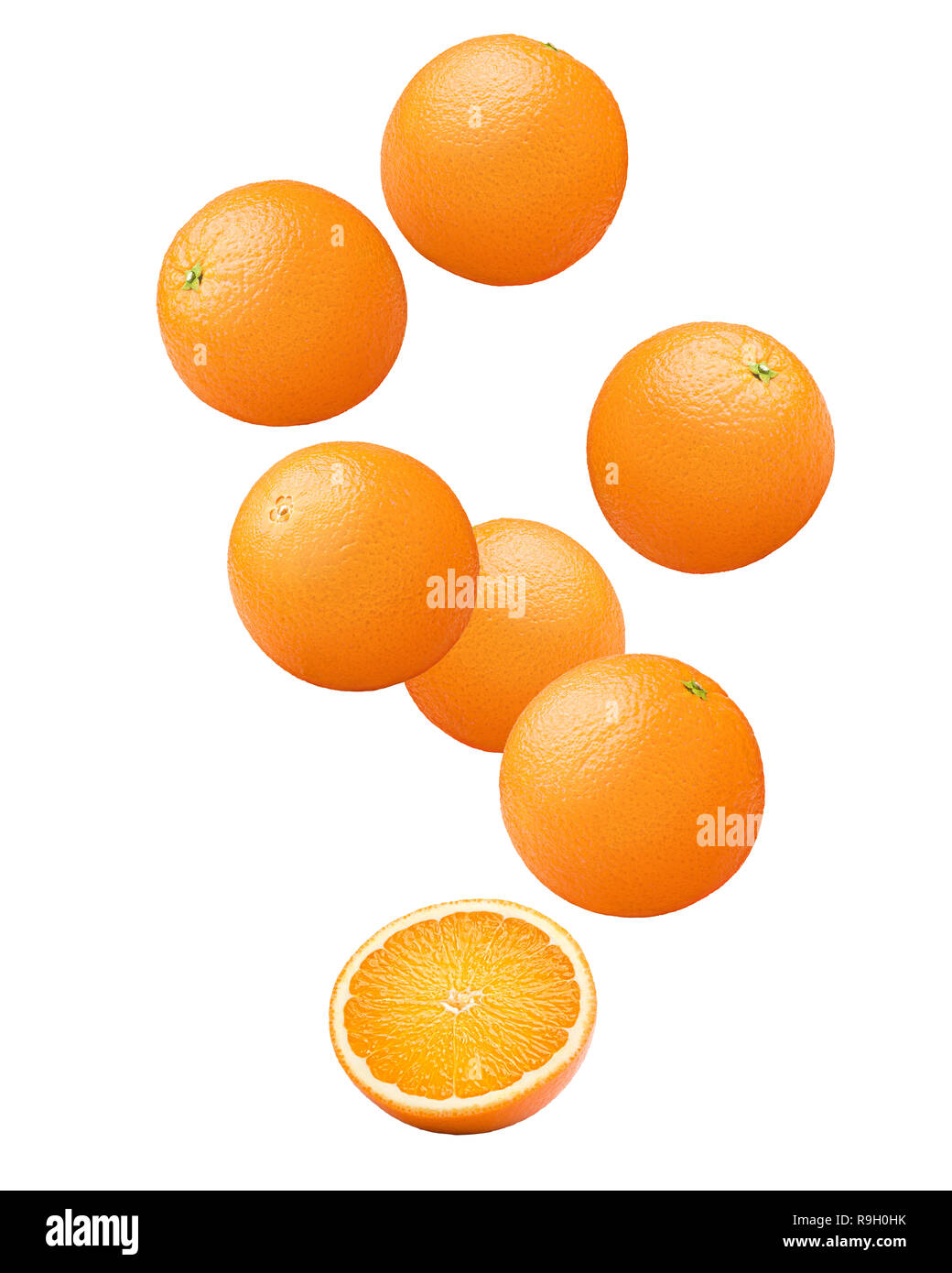 Falling orange isolated on white background, clipping path, full depth ...