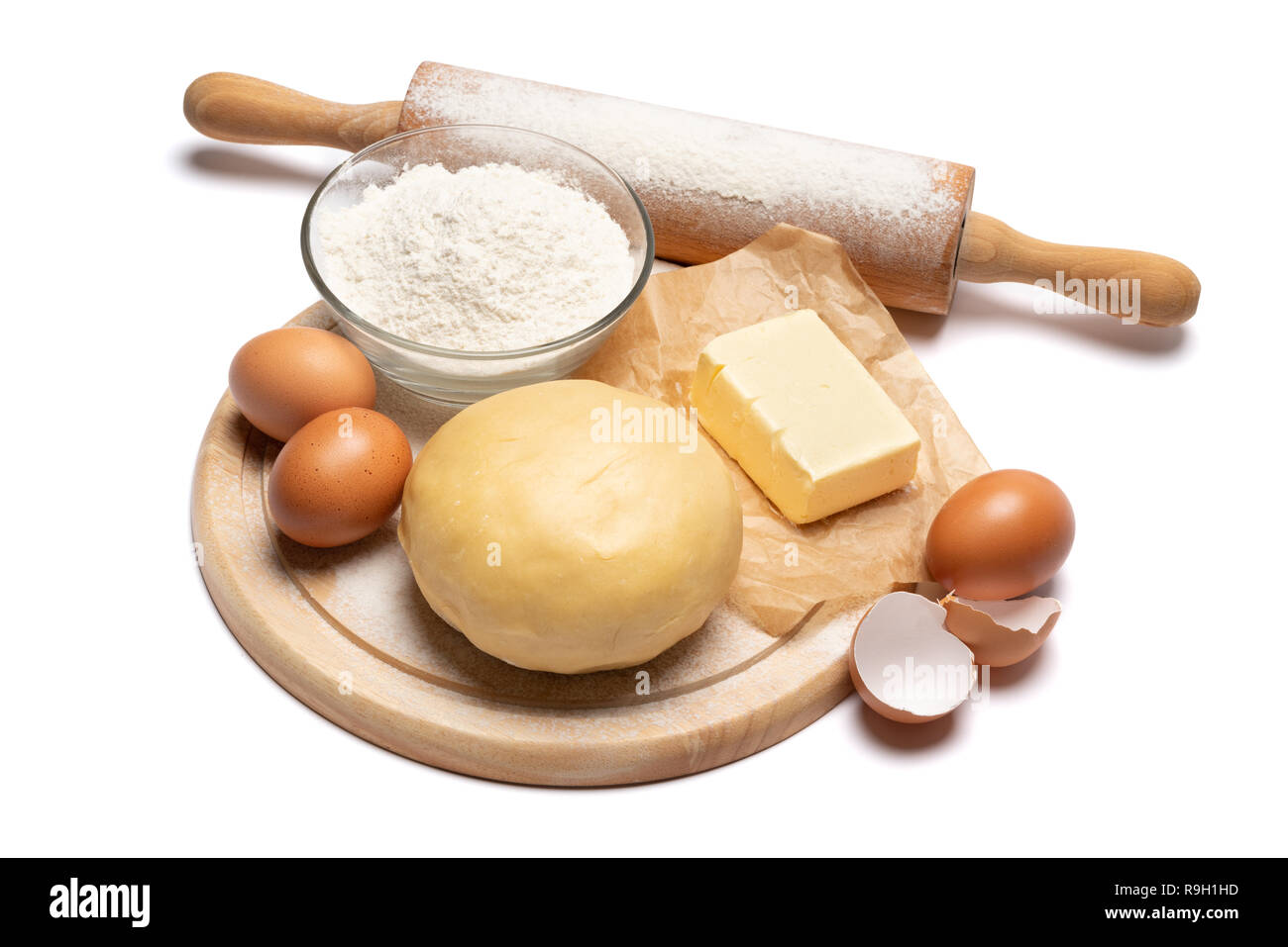 unrolled and unbaked Shortcrust pastry dough recipe on white background ...