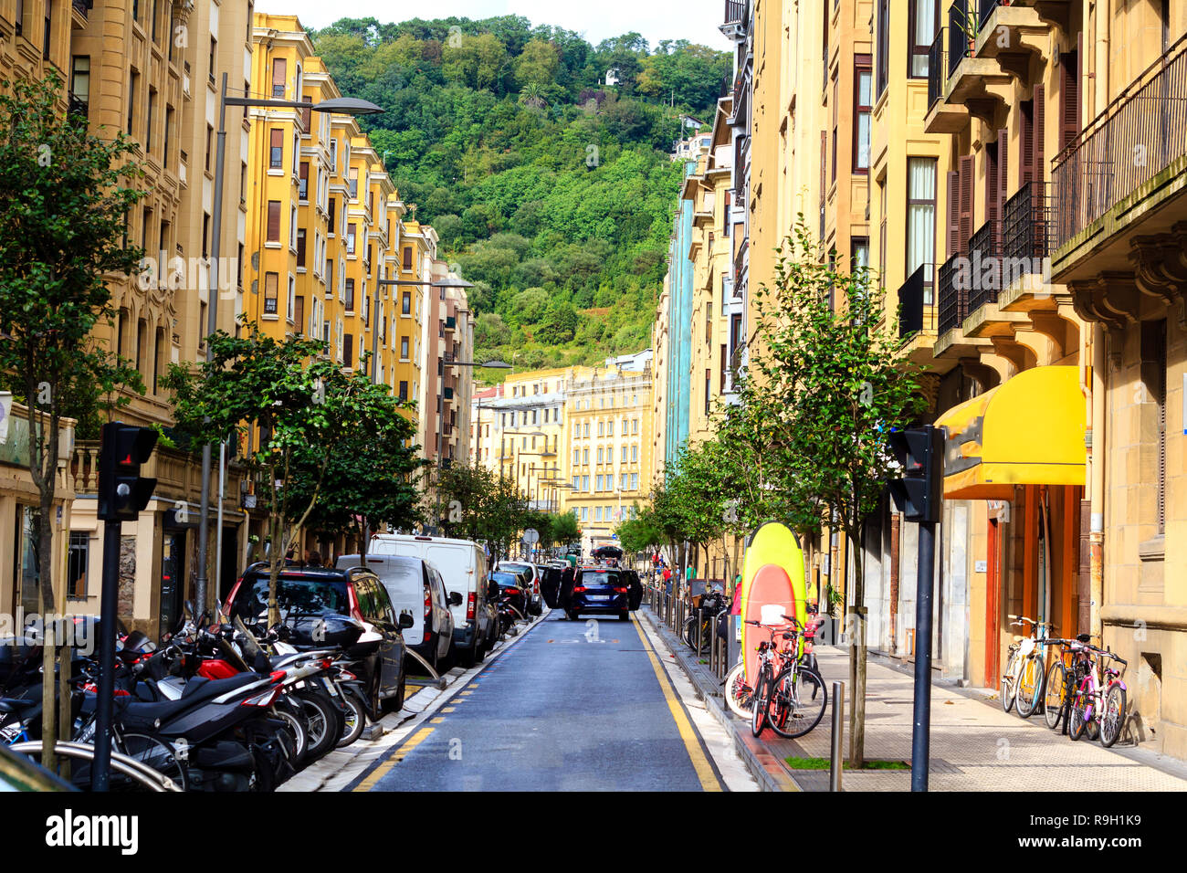 Street in Old town just besides surfer's beach in San Sebastian, Basque ...