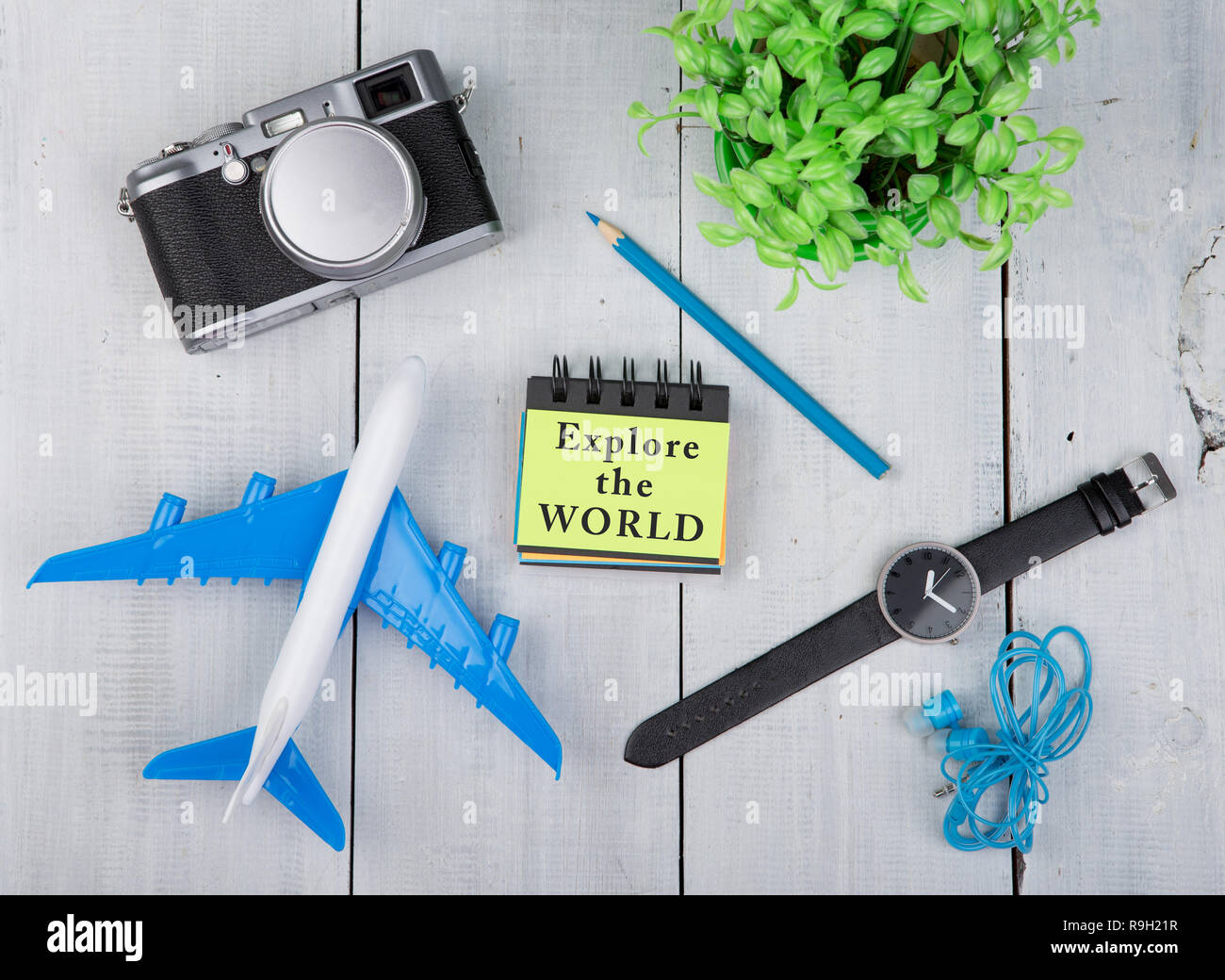 Adventure time - plane, note pad with text "Explore the world" camera ...