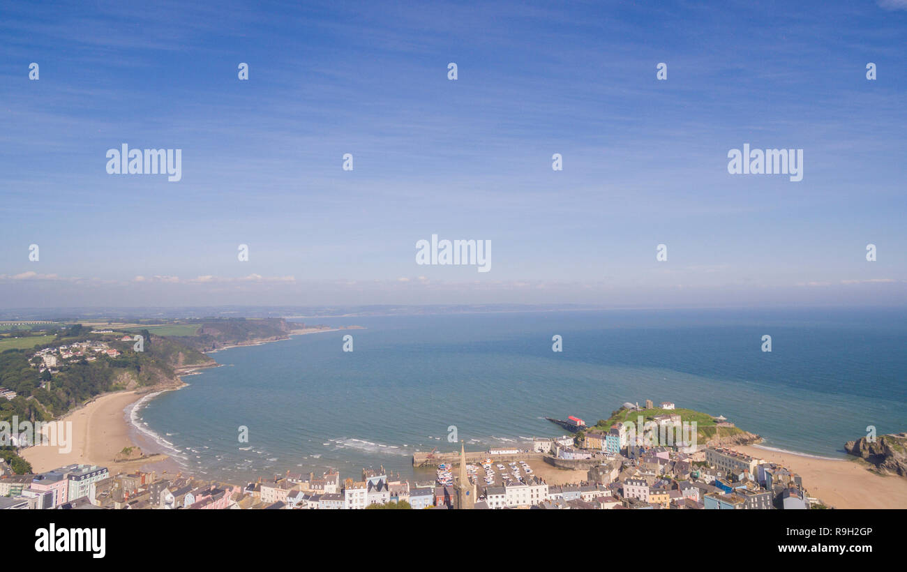 Aerial view of Tenby Harbour and South Beach, Pembrokeshire, showing ...