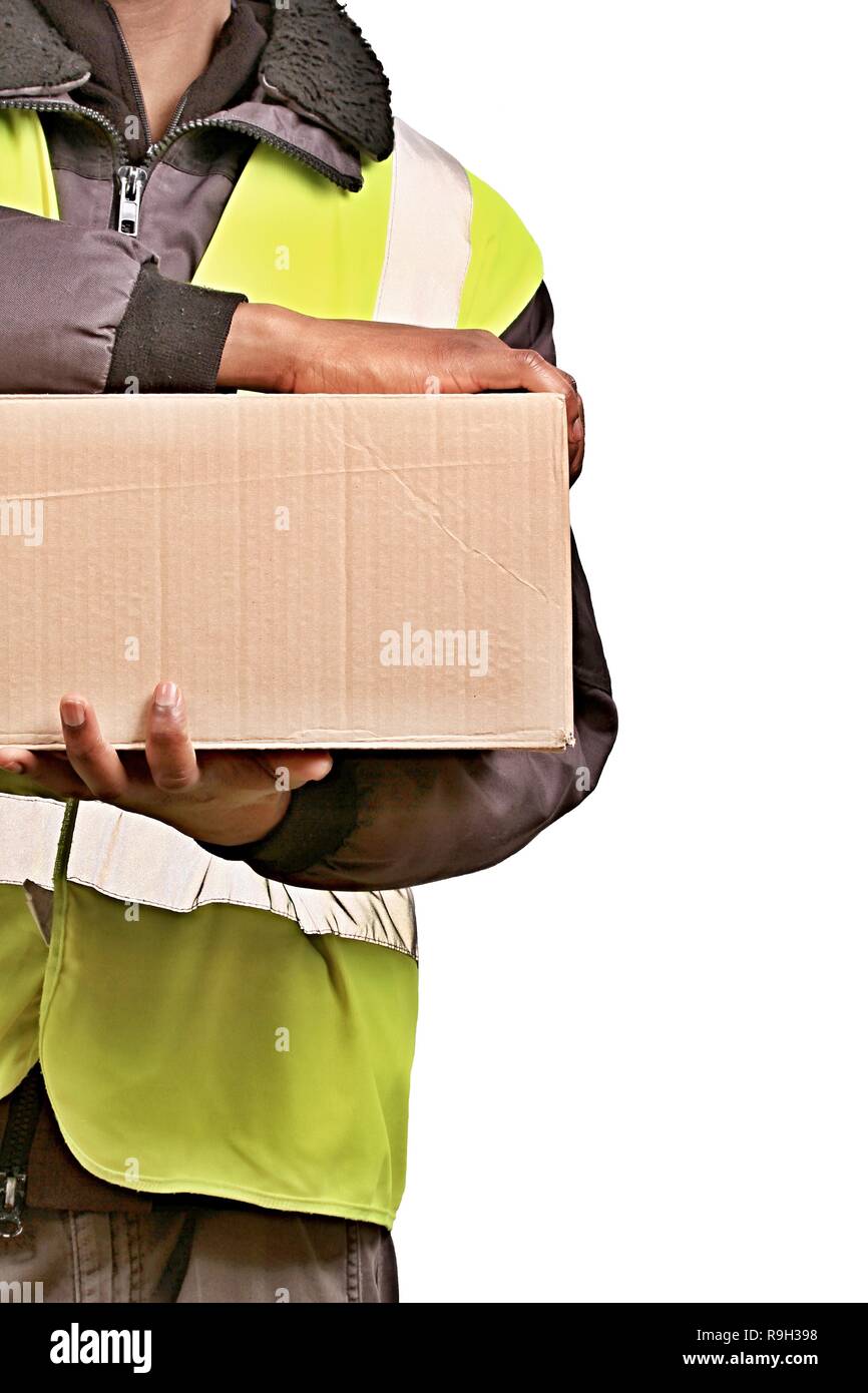 delivery man with parcel for customer stock photo Stock Photo - Alamy