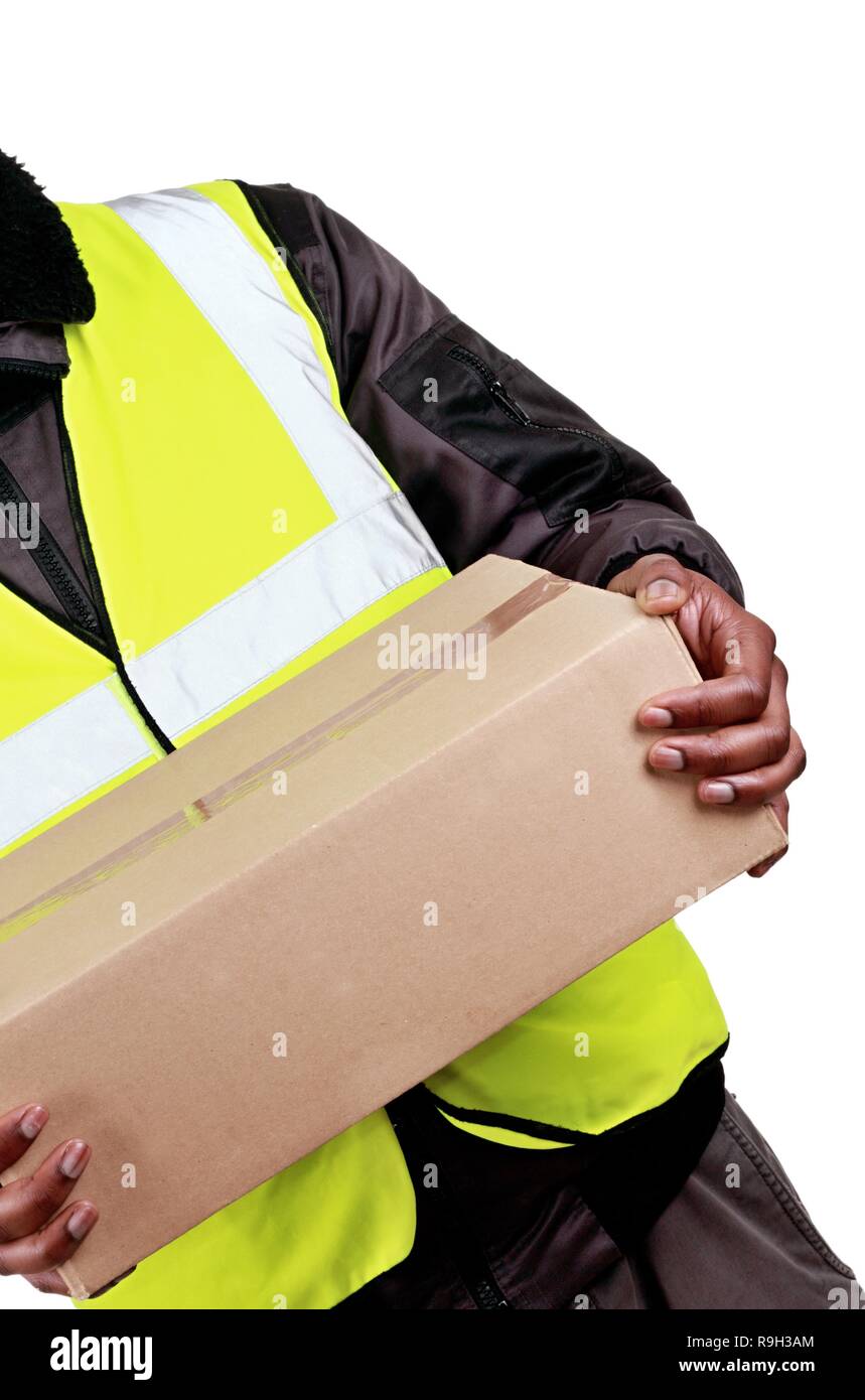 delivery man with parcel for customer stock photo Stock Photo - Alamy