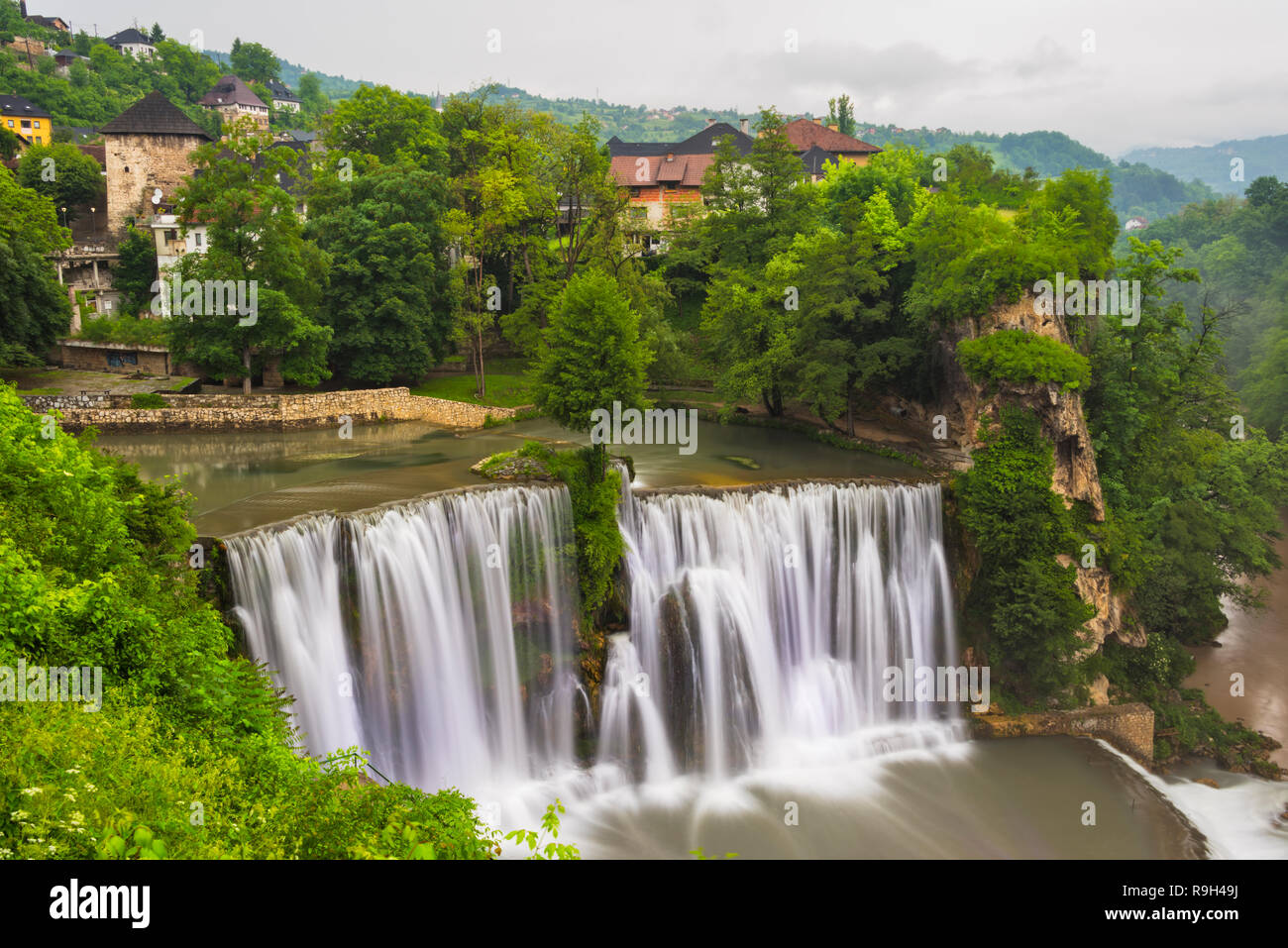 Waterfall in the old town, Jajce, Bosnia and Herzegovina Stock Photo ...