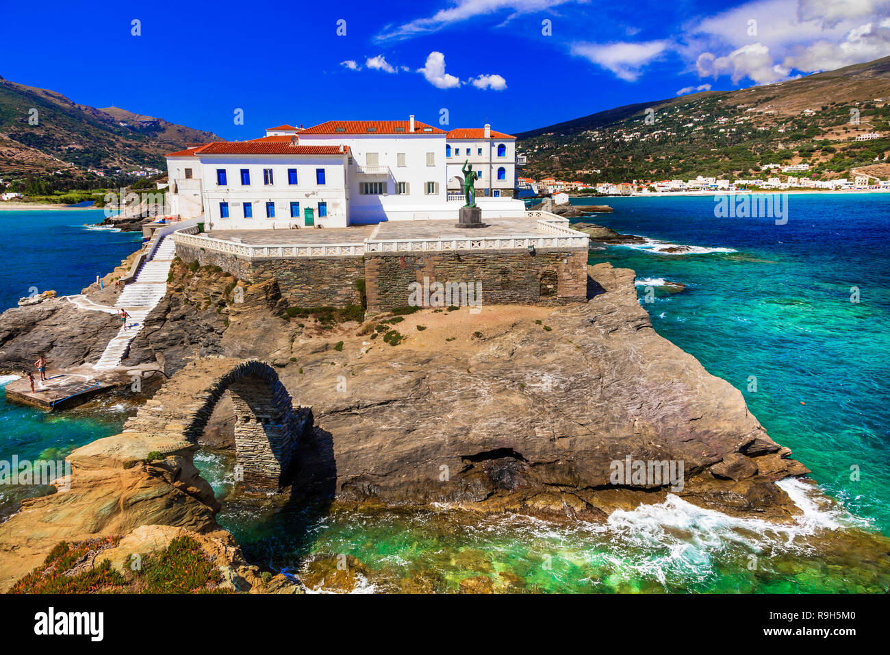 Beautiful Andros island,view with azure sea and traditional houses ...