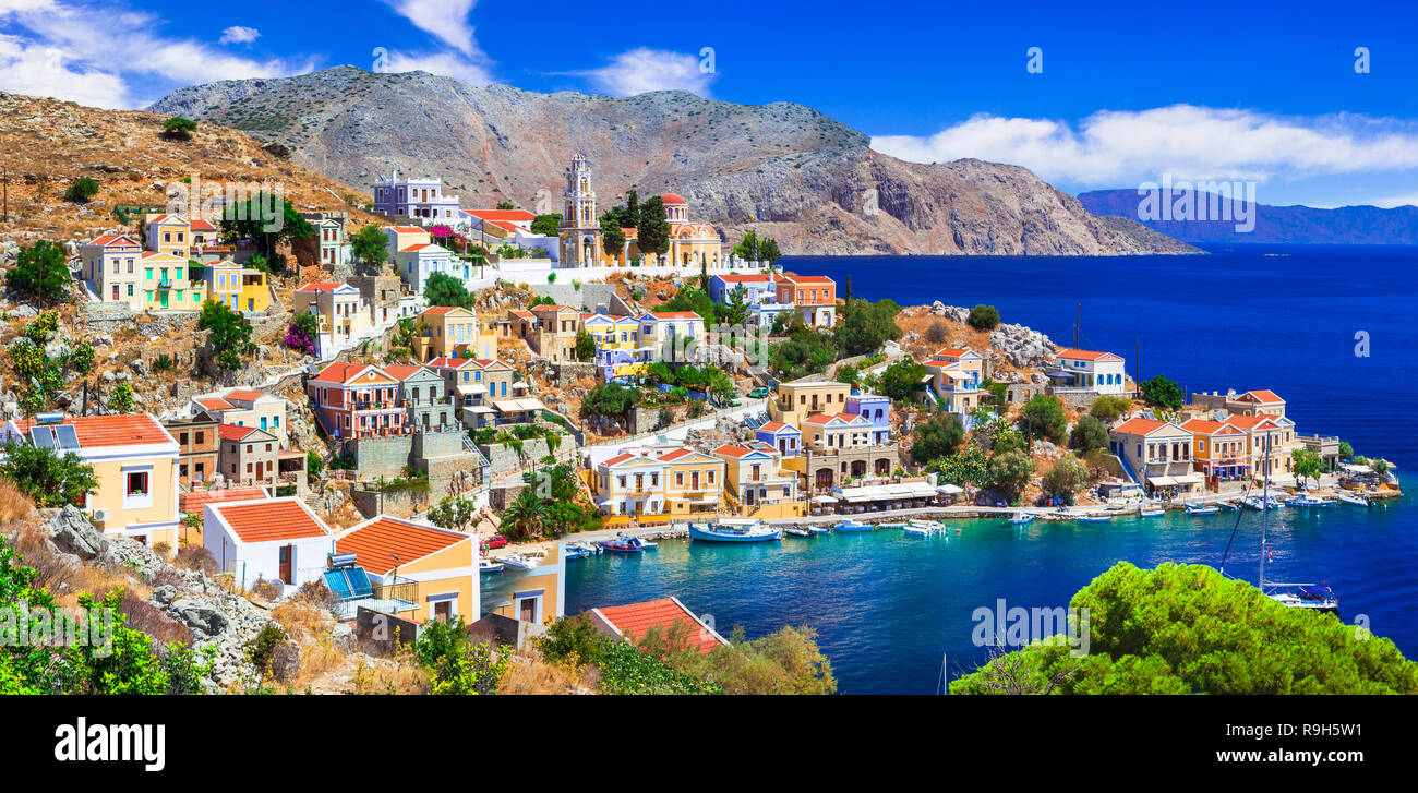 Impressive symi island,view with sea,traditional houses and mountains ...