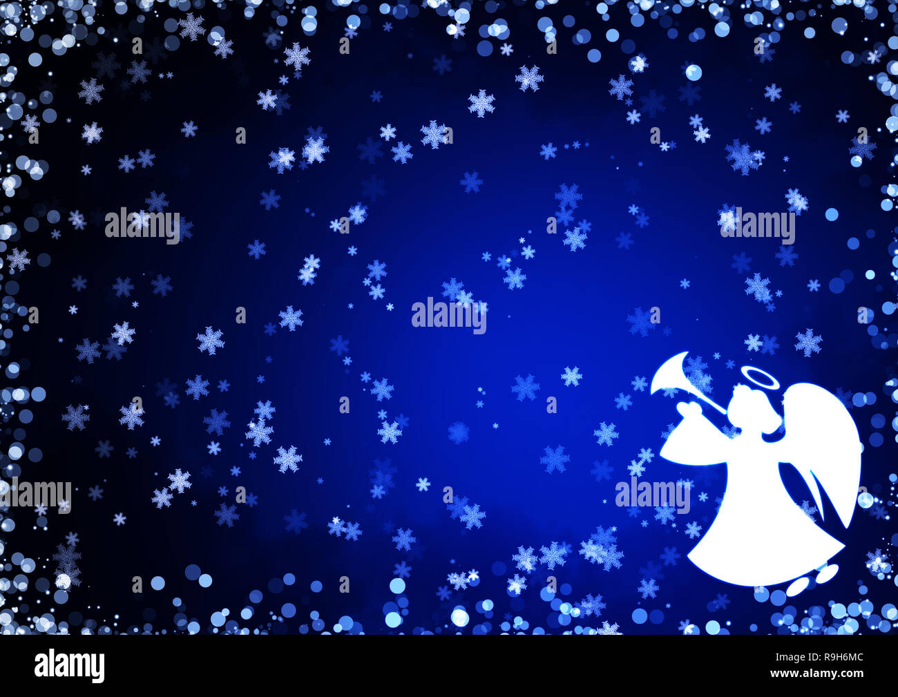 Christmas blue background with snowflakes and angel Stock Photo - Alamy