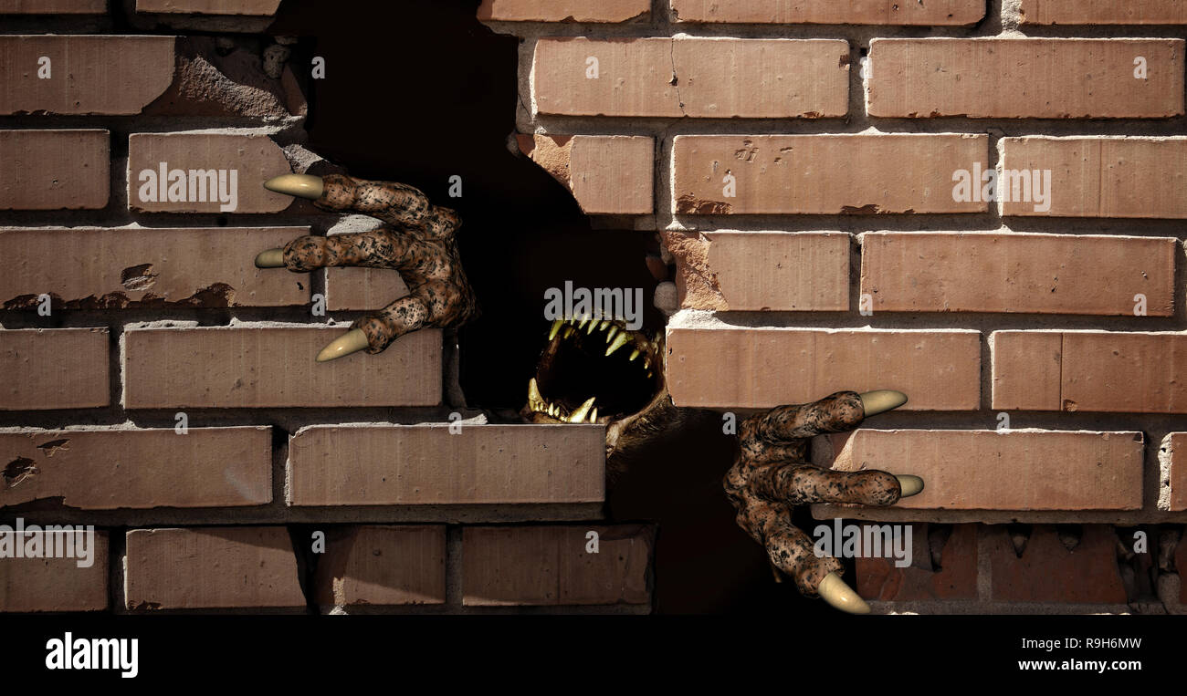 Dark series - paws of monster , breaking a brick wall Stock Photo - Alamy