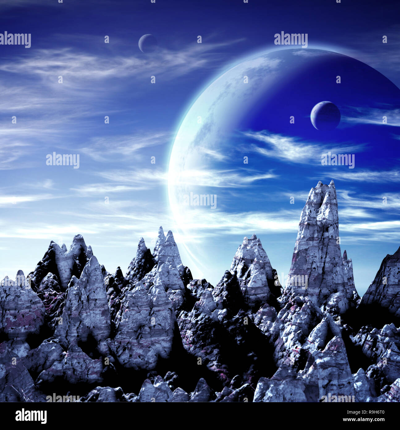 A beautiful space scene with planets and mountains Stock Photo - Alamy